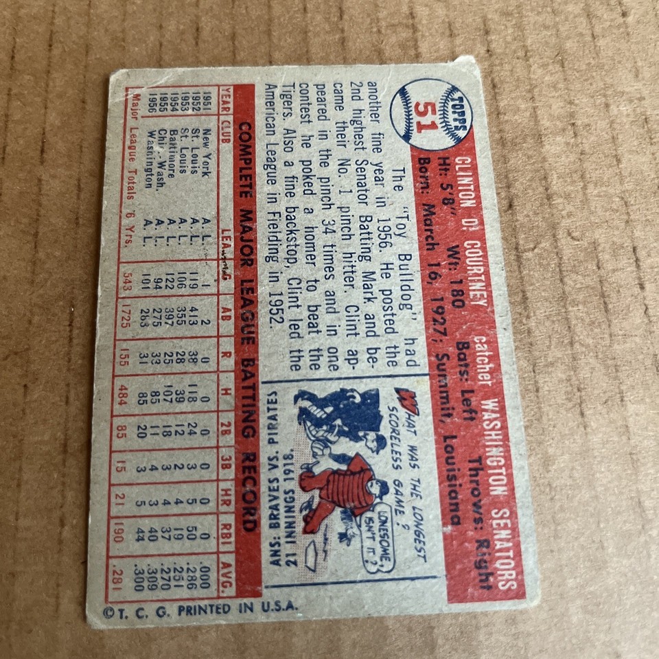1957 Topps Clint Courtney #51 Washington Senators Vintage Baseball ...