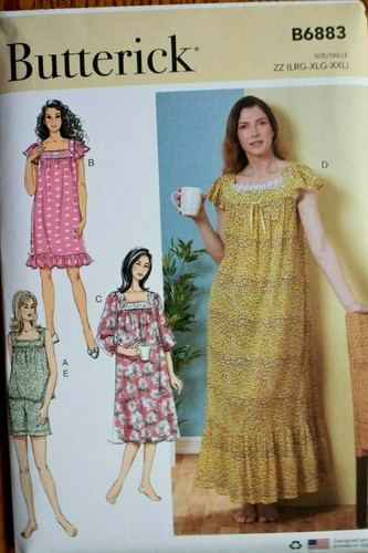BUTTERICK PATTERN 6883 SLEEPWEAR GOWN TOP SHORTS MISSES SIZES L XL XXL ...