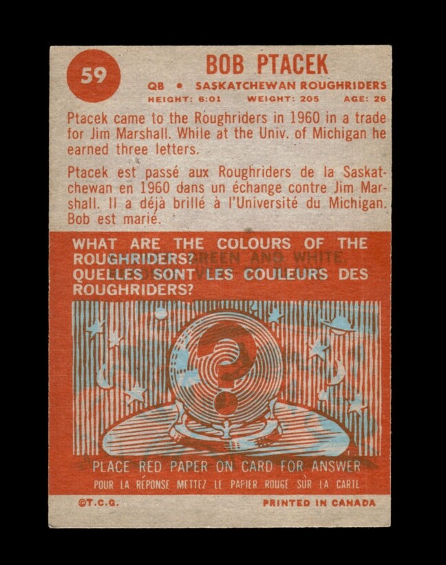 1963 Topps Cfl Set-Break # 59 Bob Ptacek NR-MINT *GMCARDS* | eBay
