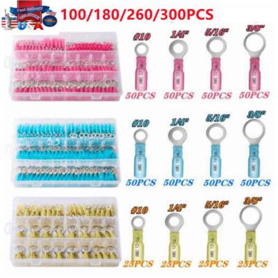 100-300 x #10 5/16 1/4 3/8 Stud Eyelet Heat Shrink Ring Terminal Crimp ...