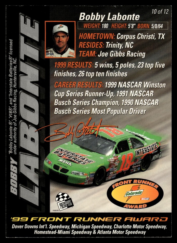 2000 Press Pass Gatorade Front Runner Award Bobby LaBonte #10 Racing ...