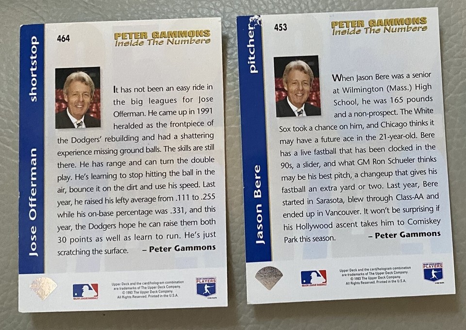 JOSE OFFERMAN #464 and JASON BERE #453 1993 UPPER DECK INSIDE THE ...