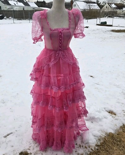NEW Dolls Kill pink sheer lace kawaii Pretty Imperfect tiered maxi ...