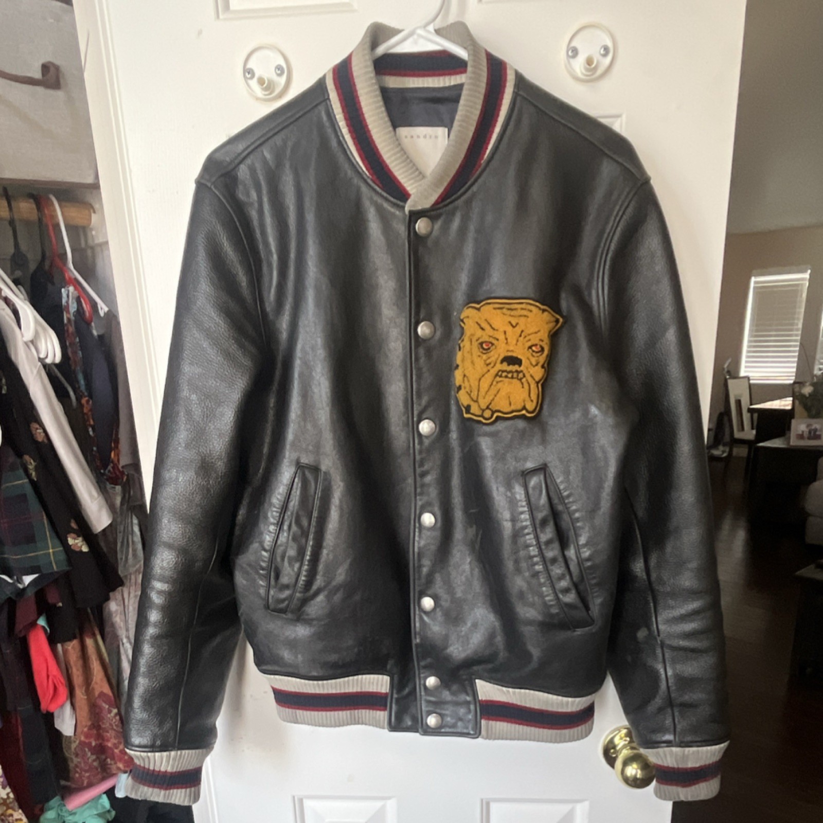 Sandro Black Leather Varsity Jacket Bulldog Patch But… - Gem