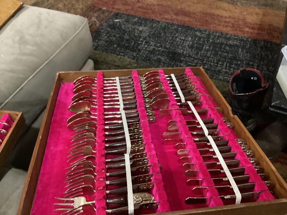 VTG. MID-CENTURY THAILAND BRONZE BRASS 129PC FLATWARE SILVERWARE SET IN ...