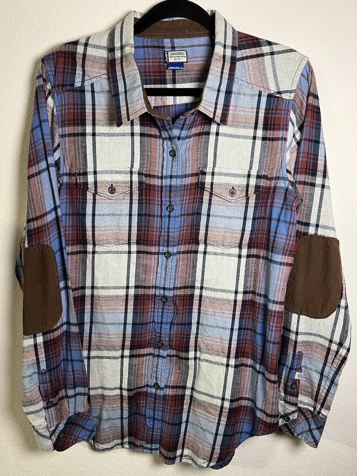Kavu Flannel Button Up Women's Large Plaid Long Sleeve Elbow Patches ...