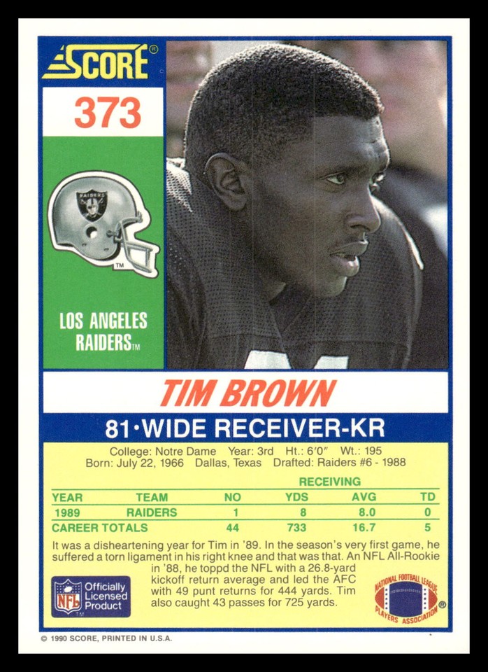 1990 Score #373 Tim Brown Los Angeles Raiders Football Card NM | eBay