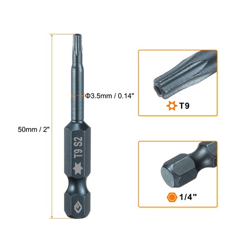 T9 Torx Screwdriver Bit 1/4" Shank 2" Long Magnetic 6 Point Drill Bits ...
