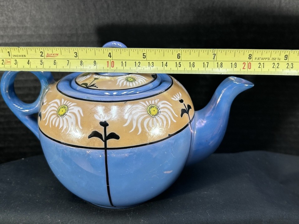 Vtg Lusterware Teapot Set Blue Peach Daisy Flower Creamer Sugar wLid ...