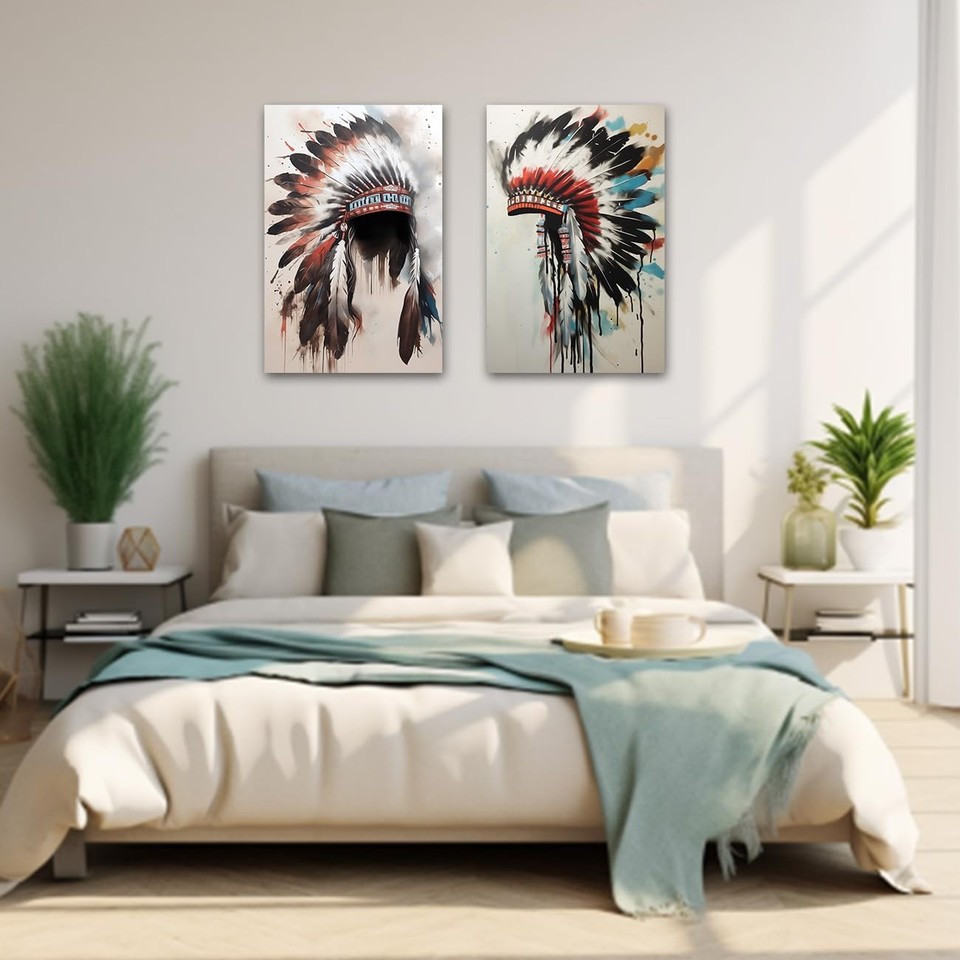Native American Wall Art 2 Pieces Indian Chief Feather Headdress Canvas ...