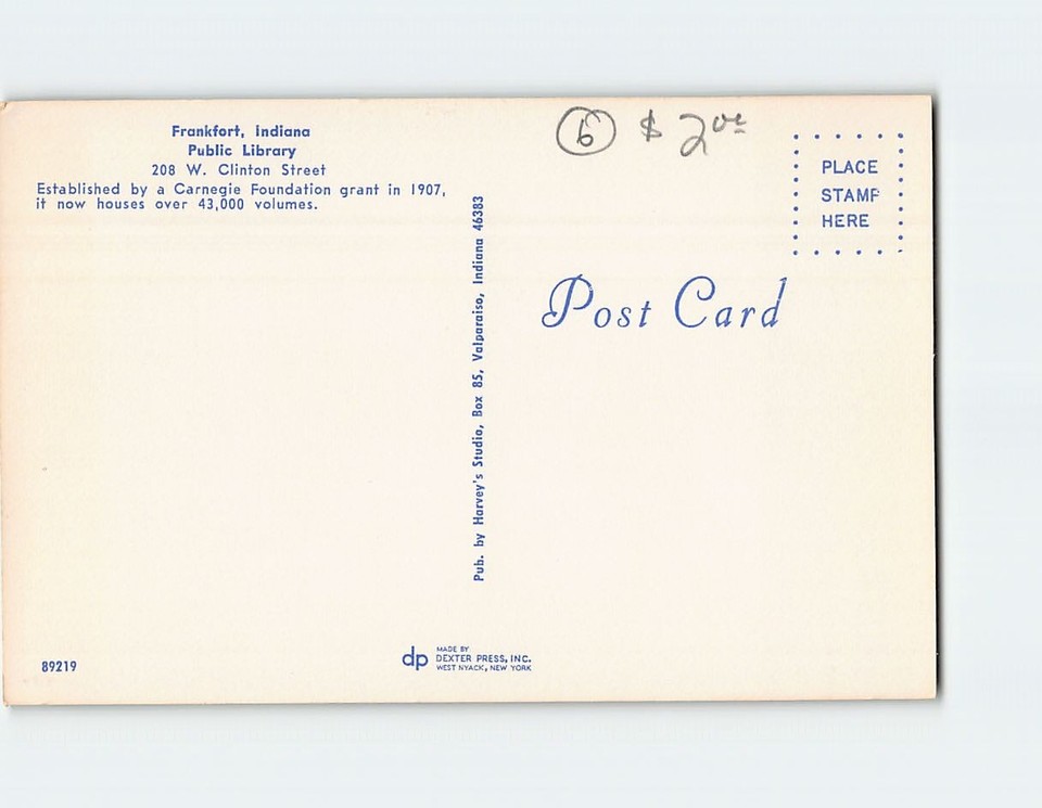 Postcard Public Library, Frankfort, Indiana | eBay