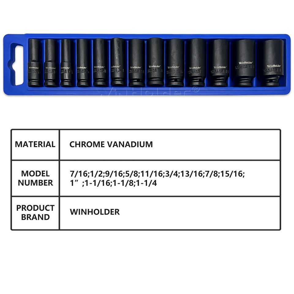 13PCS Garage 1/2" Drive 6pt Hex Long Reach Sockets Deep Impact Socket ...