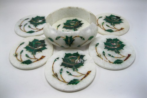 4.5 Inches Malachite Stone Inlay Work Tea Coaster Set White Marble Wine ...