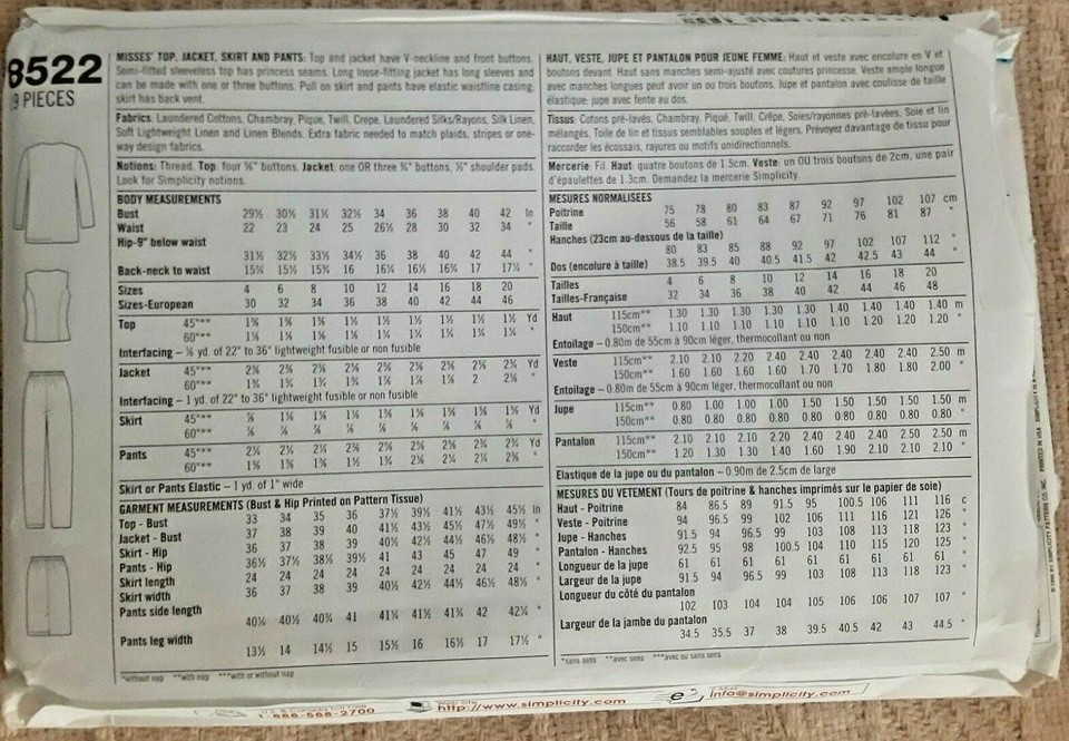 Simplicity Pattern 8522 Top Jacket Skirt Pants Sewing Craft Project (H ...