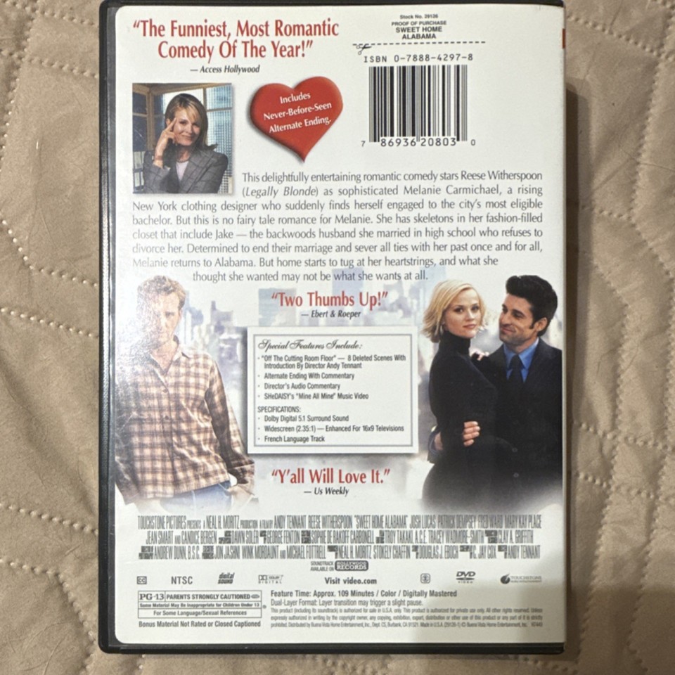 Sweet Home Alabama DVD Widescreen Romantic Comedy Reese Witherspoon | eBay