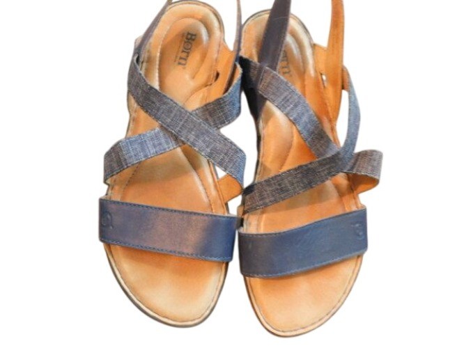 Born Size 11M Navy Blue Denim Leather Strappy Flat Sandals | eBay