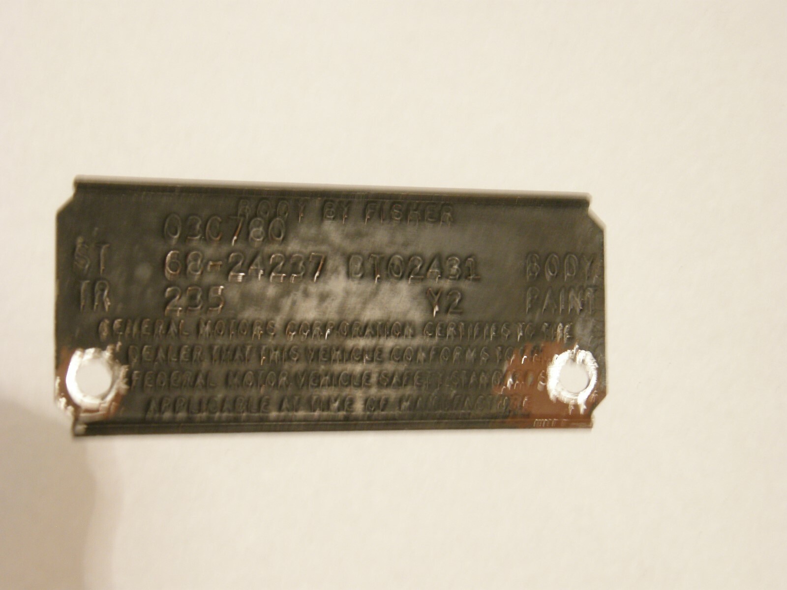 1968 Pontiac GTO Body by Fisher Cowl Tag Plate Original Mayfair Maize ...