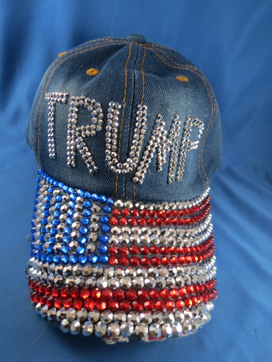 TRUMP PRESIDENT 2024 BLING RHINESTONE DIAMOND STUD USA FLAG HAT GOP RED ...