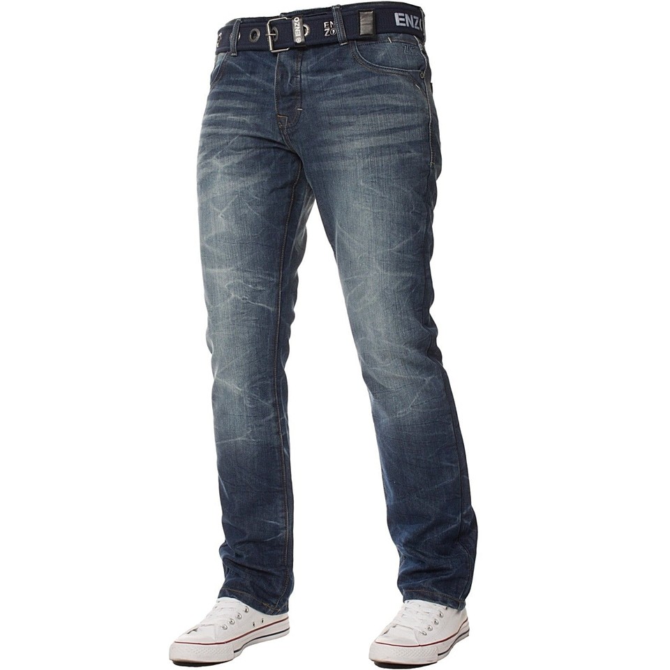 Enzo Mens Jeans Straight Leg Belted Regular Fit Work Denim Pants All ...
