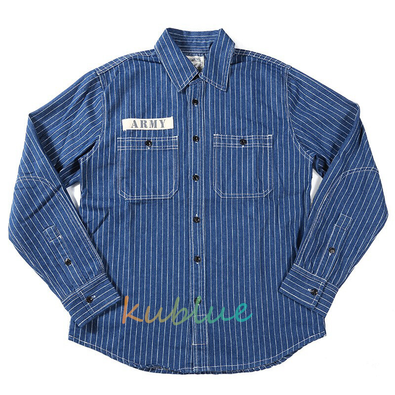 Men's Vintage ARMY Railroad Striped Denim Long sleeve Shirts Casual ...