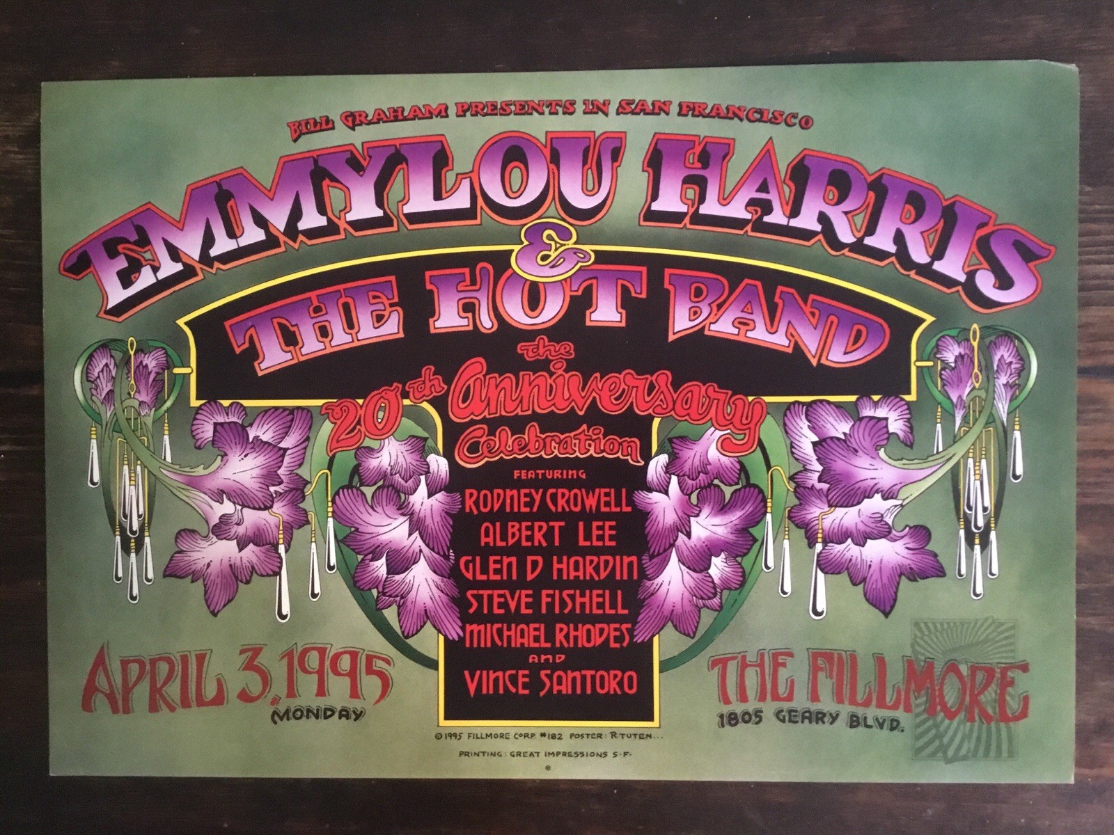 EMMYLOU HARRIS & THE HOT BAND 20th Anniv. FILLMORE Poster 4/3/1995 BGP ...