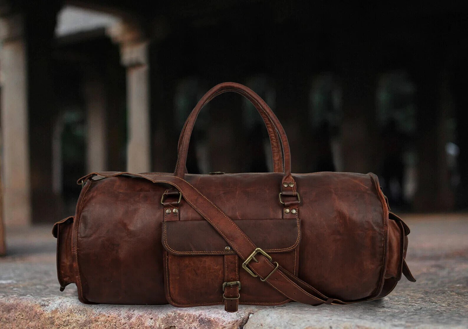 24" Travel Luggage Gym Naturally Tan Leather Duffle Bag Men Overnight ...