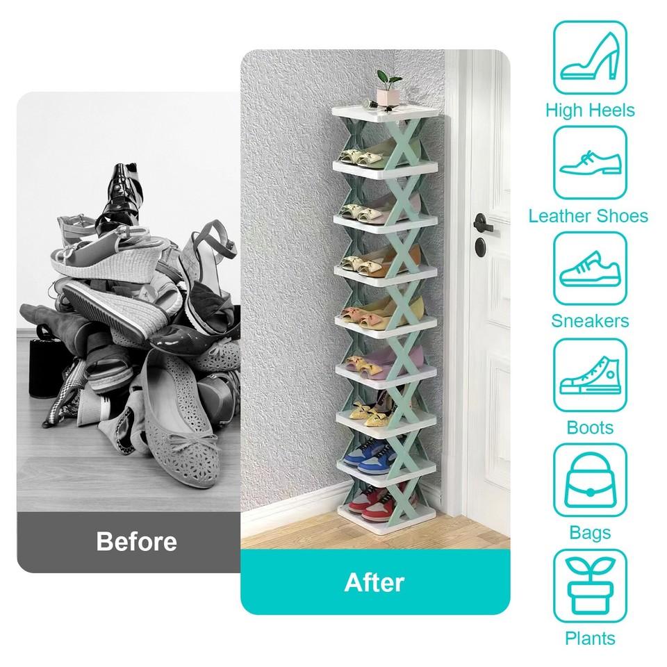9 Tier Vertical Shoes Rack Tall Narrow Shoe Tower for Small Spaces ...