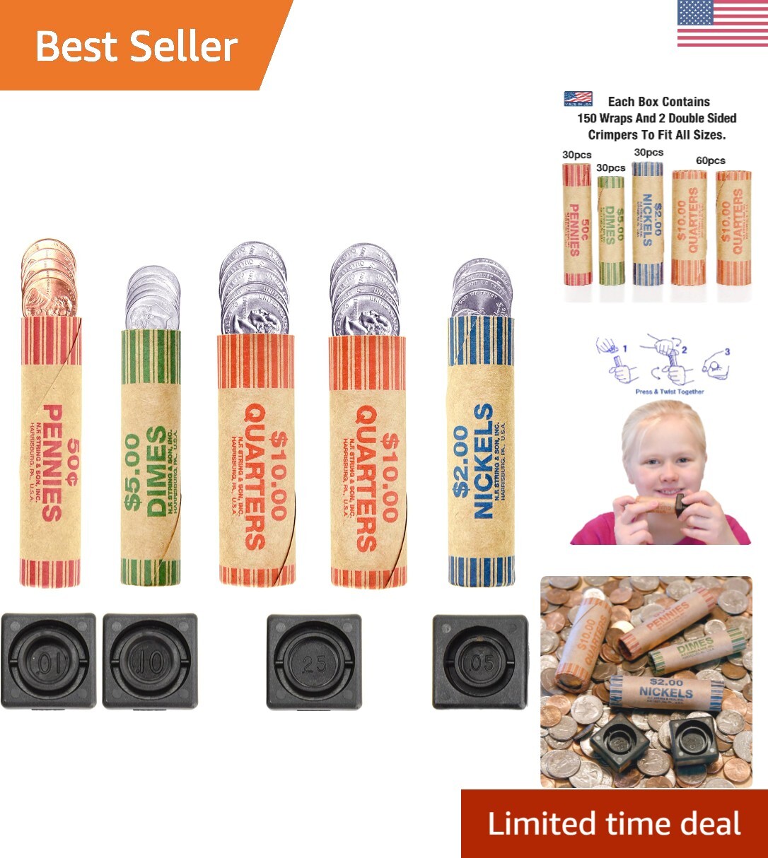 Durable Coin Wrappers & Crimper Tool - 150 Preformed Tubes - Assorted ...