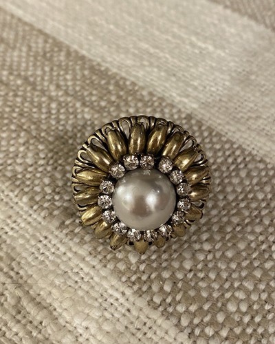 Pearl Rhinestone Beaded Round Shield Antiqued Gold Tone Statement ...