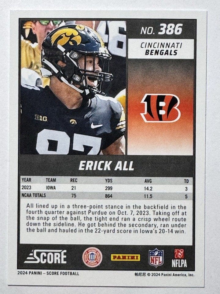 ROOKIE CARD ERICK ALL Cincinnati Bengals 2024 Panini Score Football ...