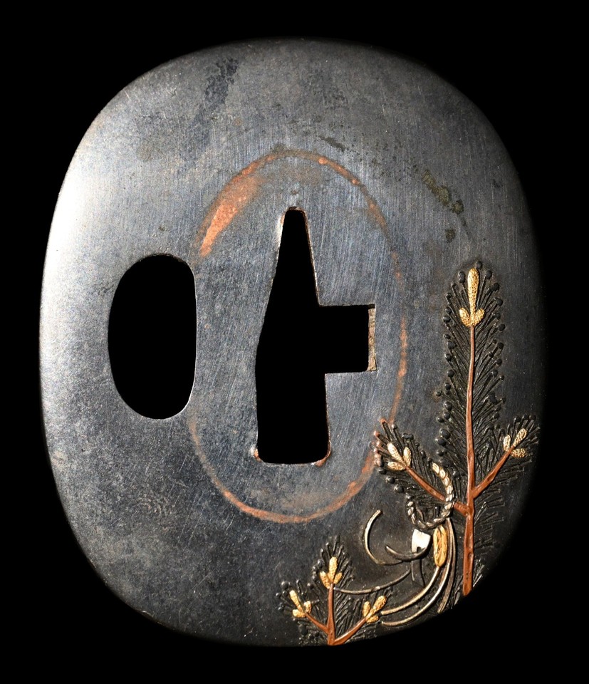 Tsuba Japanese antique metal work Shakudo Mumei New Year's pine ...