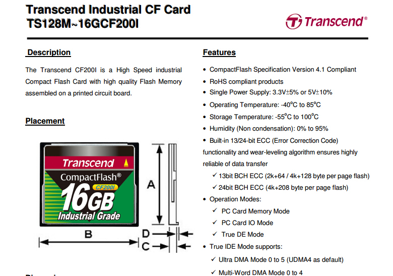 NEW Transcend CompactFlash CF200I 4G 4GB Industrial CNC Memory CF Flash ...