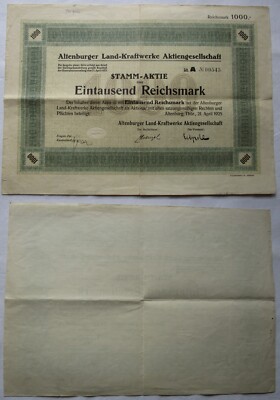 1000 Mark RM Aktie Altenburger Land-Kraftwerke AG 21. April 1925 ...