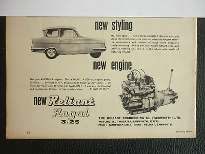 3/1962 PUB RELIANT ENGINEERING RELIANT REGAL 3/25 CAR 3 ROUES ORIGINAL ...