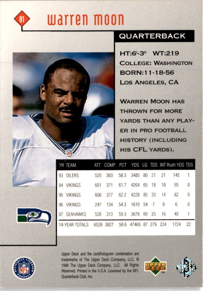 1998 Upper Deck Black Diamond Rookie Edition #81 Warren Moon Seattle ...