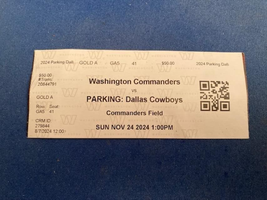 WASHINGTON COMMANDERS DALLAS COWBOYS 11/24/24 Game parking pass/ticket ...