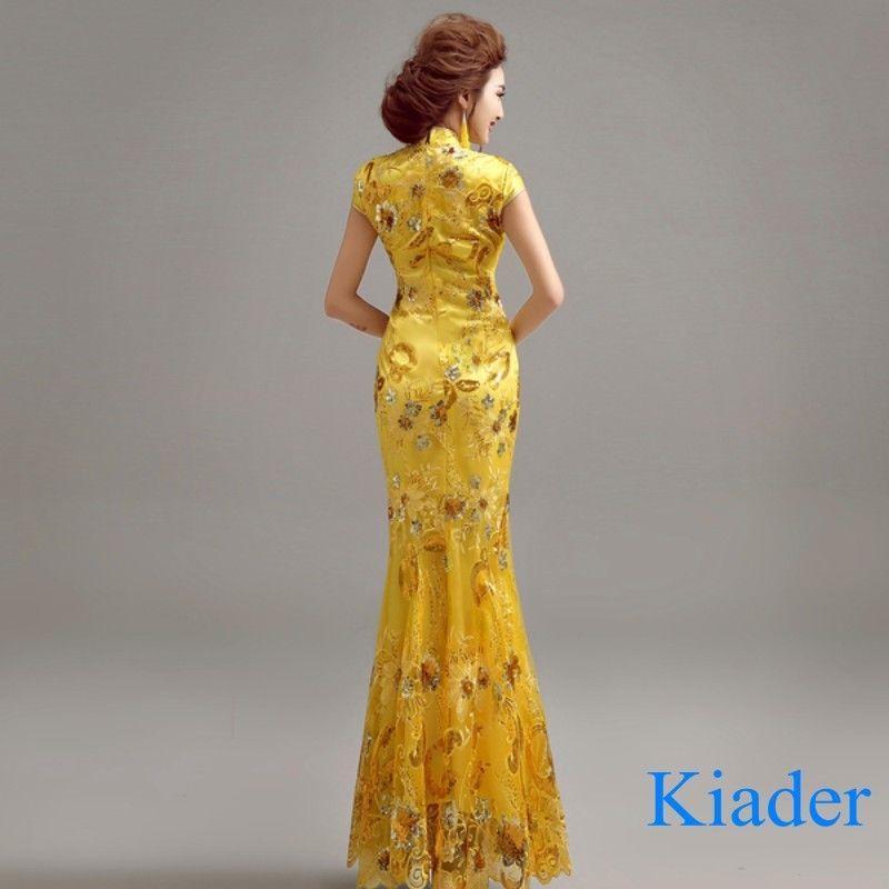 Chinese Womens Cheongsam Wedding Mermaid Long Fishtail Dress Ball Gown ...