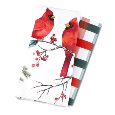 Set of 2 Christmas Cardinal Towels Red Green Plaid Birds Holly XL ...