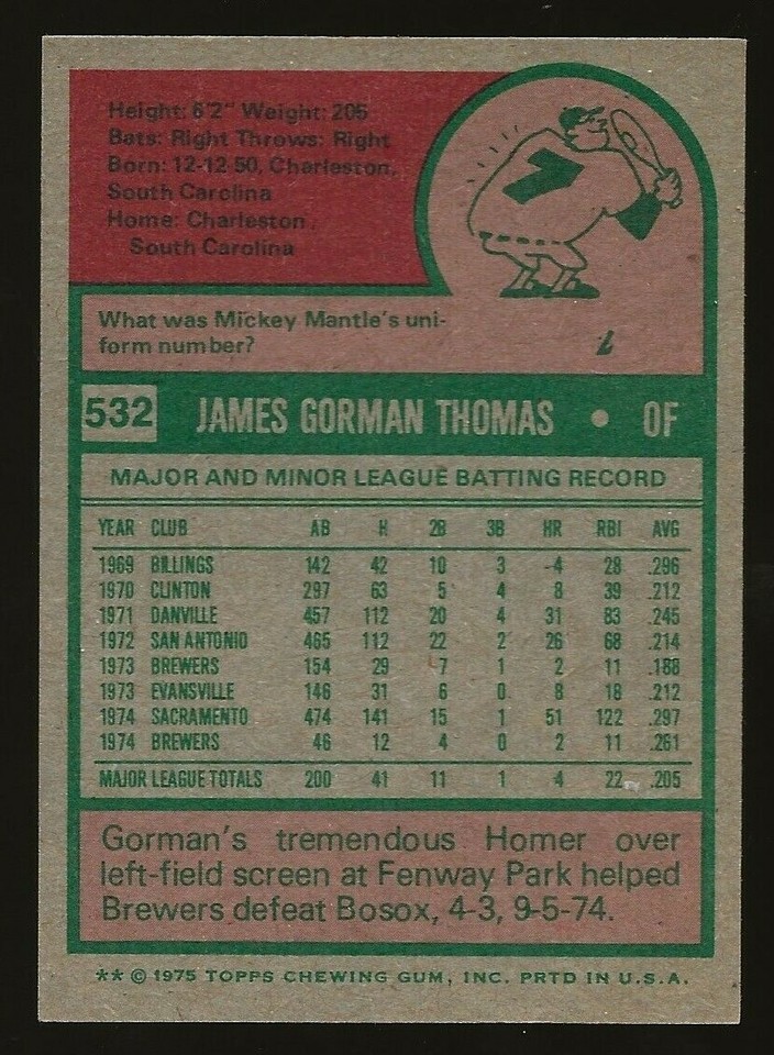 1975 Topps Gorman Thomas Autographed Card #532 Milwaukee Brewers | eBay