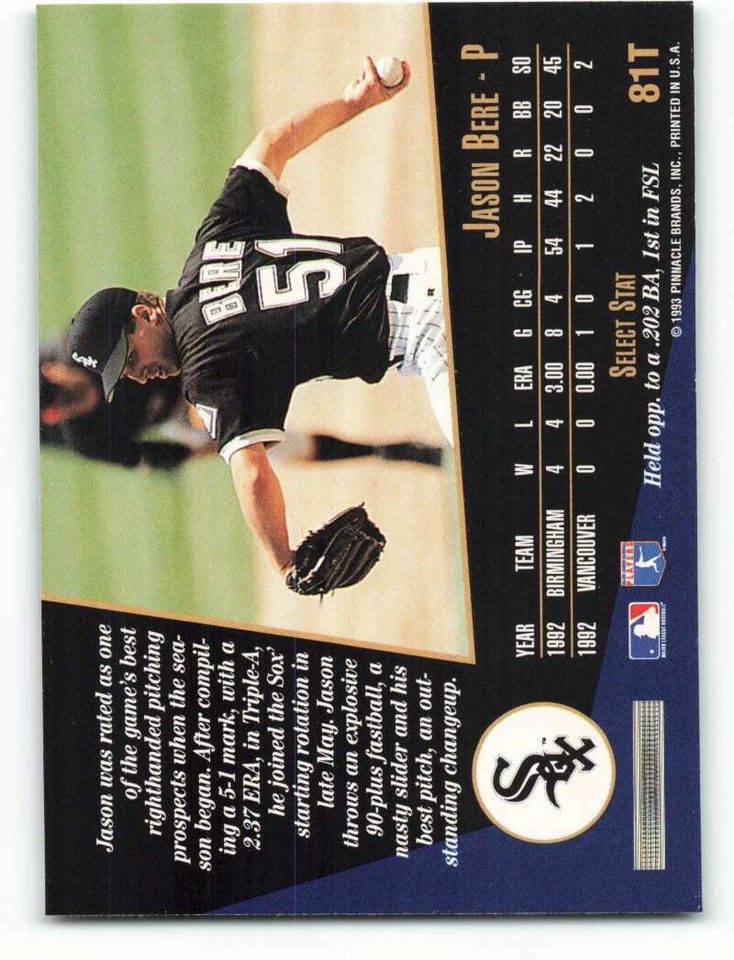 1993 Select Rookie/Traded #81T Jason Bere NM-MT White Sox ID:217112 | eBay