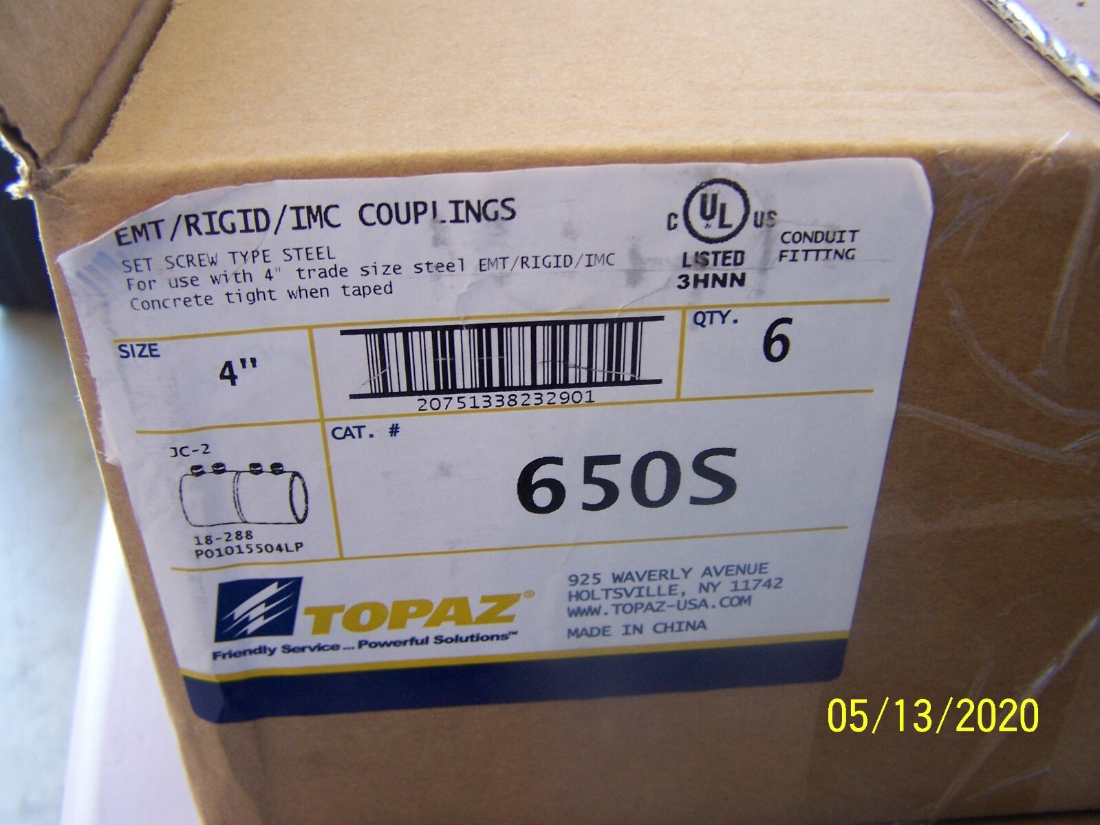 NEW - BOX OF 6 Topaz 650S 4" EMT/RIGID/IMC COUPLINGS - SET SCREW TYPE ...