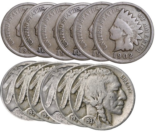 Lot of 12 Coins 6 Indian Head Cents & 6 Buffalo Nickels Nice Native ...