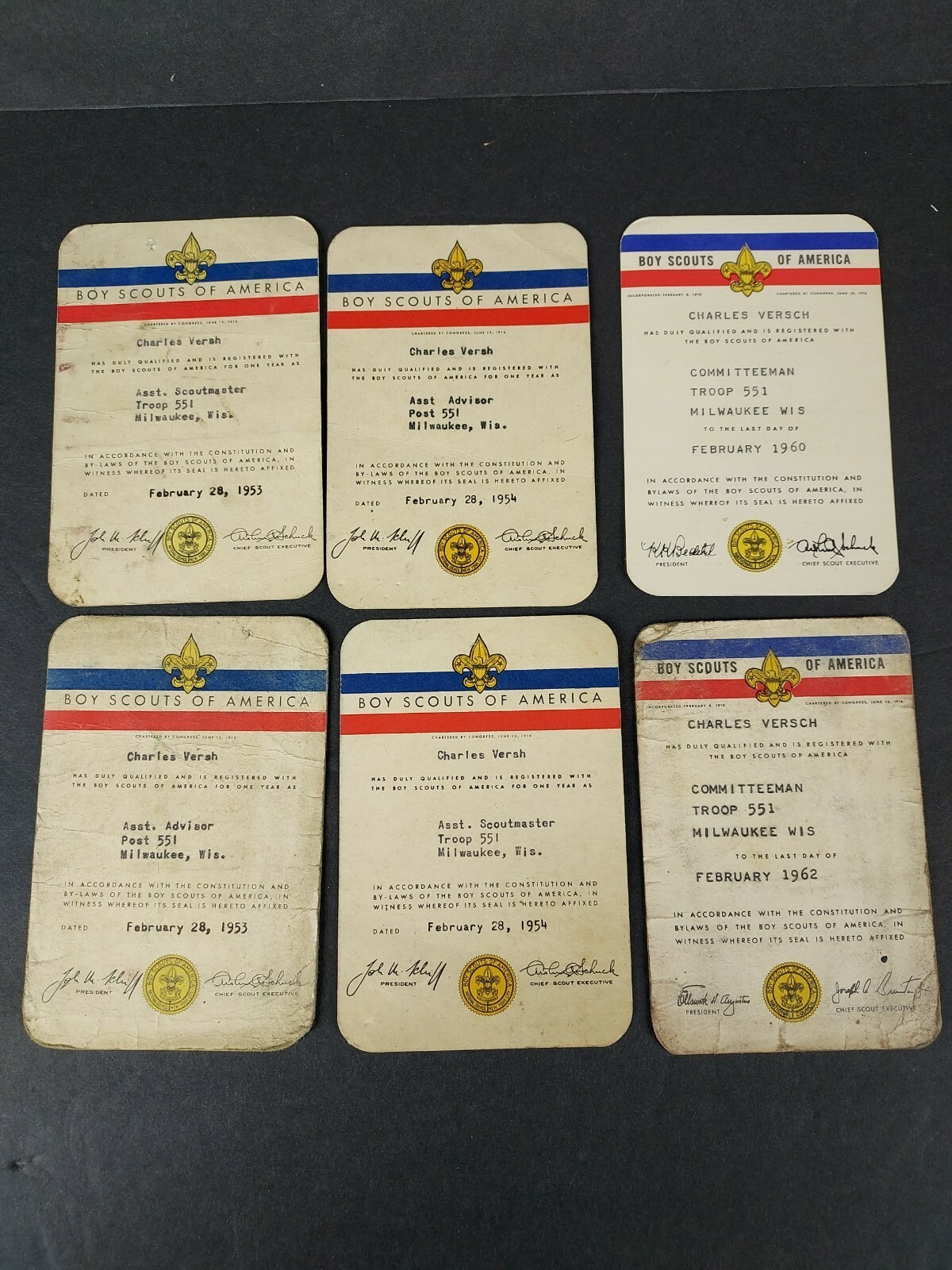 Lot Of 6 Vintage Boy Scouts Membership Cards 1953, 1954, 1960, 1962 ...