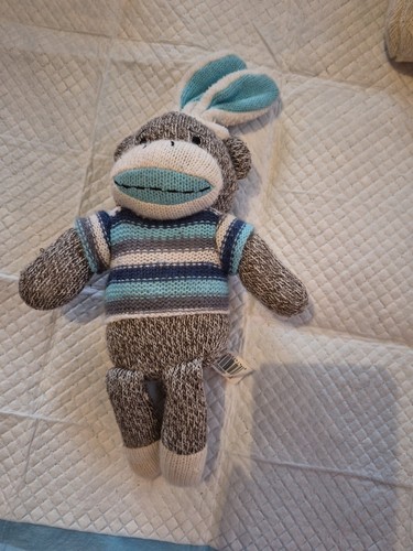SOCK MONKEY w/Bunny Rabbit Ears light blue striped shirt 12" Dan Dee ...