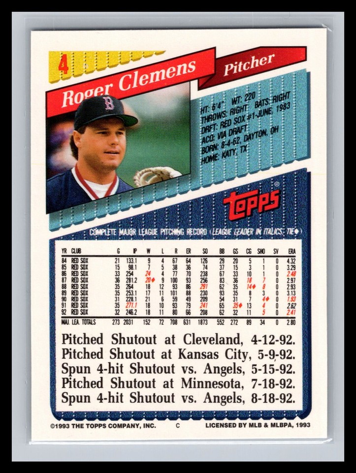 1993 Topps Baseball #4 Roger Clemens Base Set Card Boston Red Sox | eBay