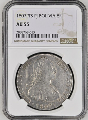 1807 PTS PJ BOLIVIA 8 Reales Silver Coin CAROLUS IIII NGC AU-55 | eBay