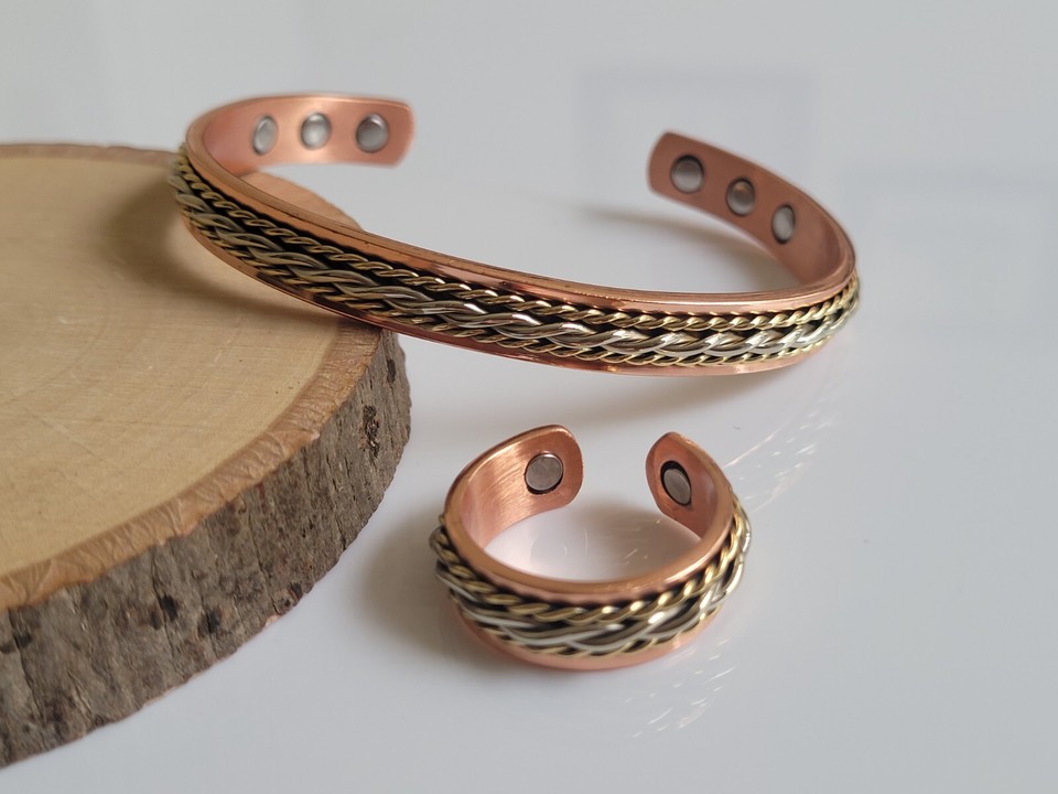 Solid Copper Magnetic Bracelet Ring Set 3 Tone Arthritis Therapy Cuff ...