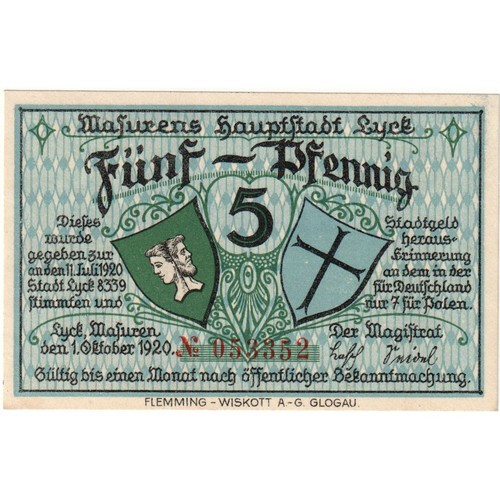 [#329946] Germania, Lyck Stadt, 5 Pfennig, paysage 3, 1920, 1920-10-01 ...