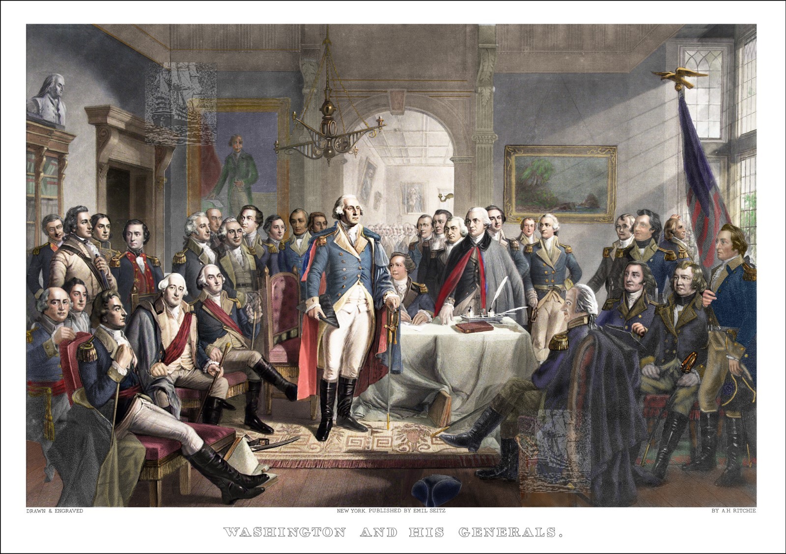 George WASHINGTON AND HIS GENERALS colored engraving print Actual Size ...