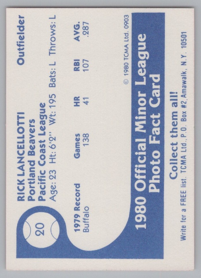 Rick Lancellotti 1980 TCMA Portland Beavers | eBay